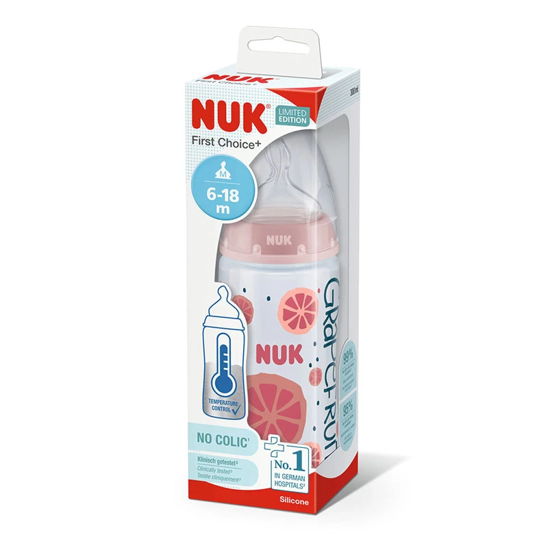 Nuk plastična flašica silikon Fruits Roze 300 ml, 6-18m :: 4Kids
